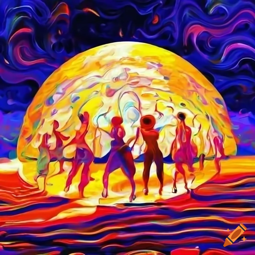 A psychedelic image of a vibrant light dome surrounding a group of ...