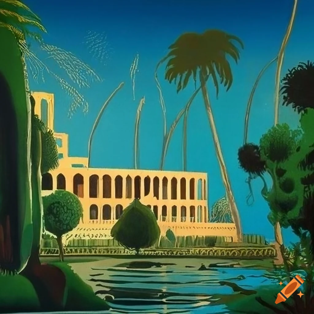 The Hanging Gardens of Babylon, misty, with lush greenery, art deco ...