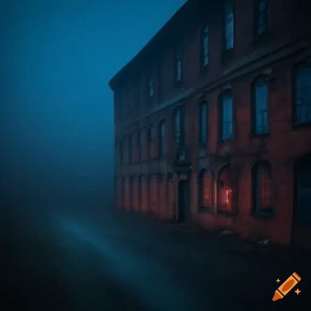 An eerie fog enveloping a famous old factory at night