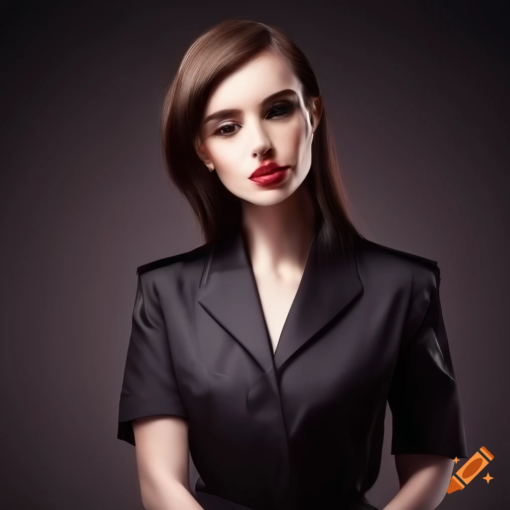 Elegant young woman with brown hair classy uniform dressed on a dark ...