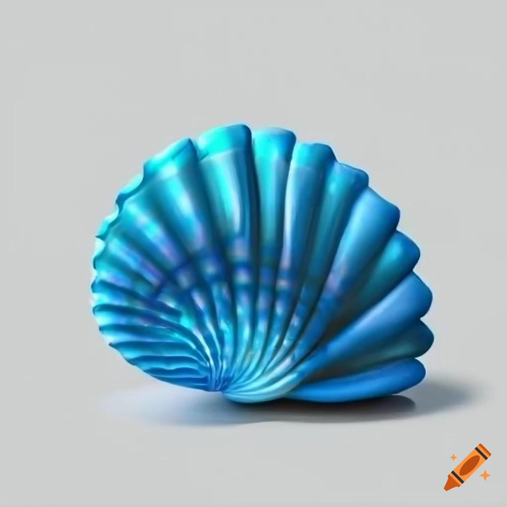 A shiny blue spiral seashell on a white background with a cartoon rendering