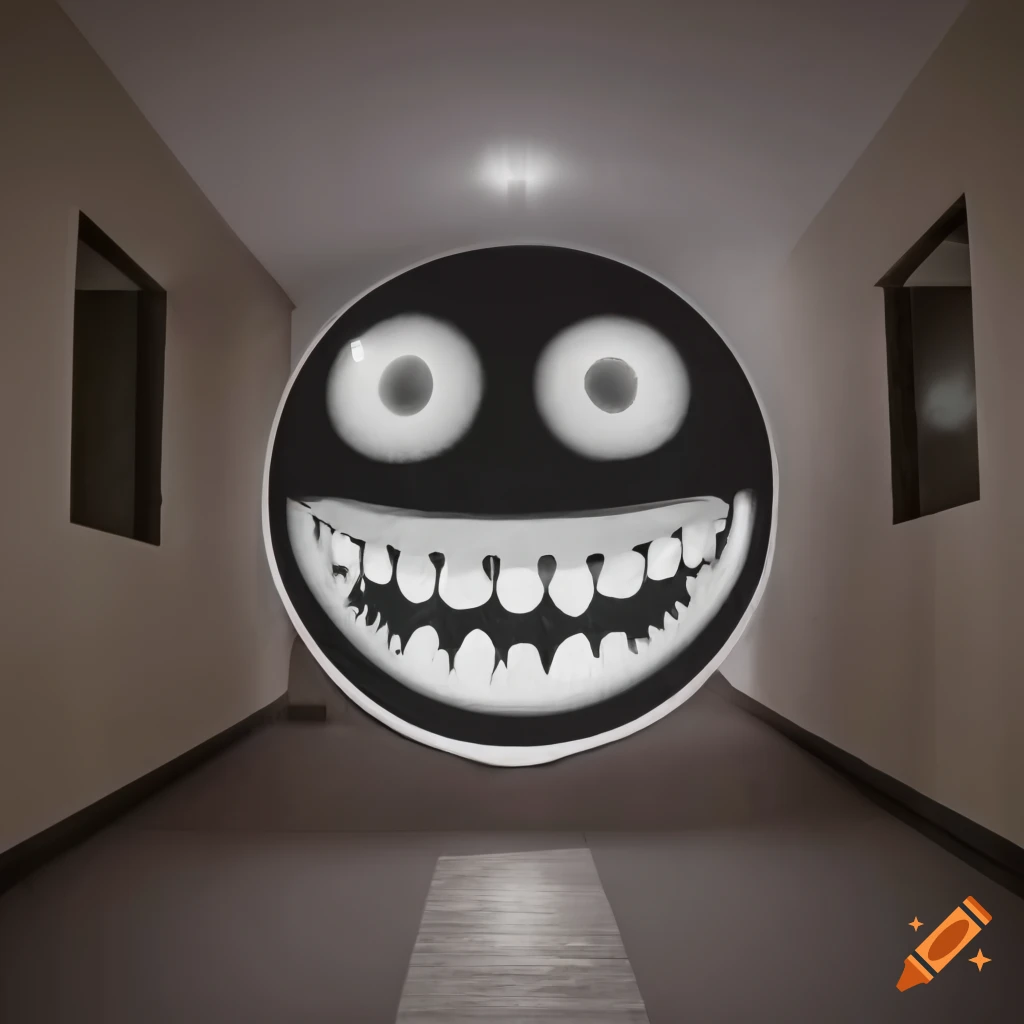 Giant floating round black and gray face with big black empty eyeholes ...