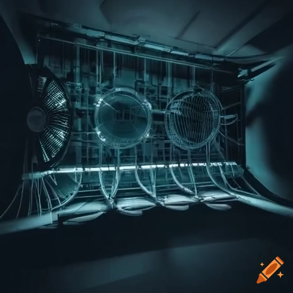 Twenty complicated machines and fans in a large room on Craiyon