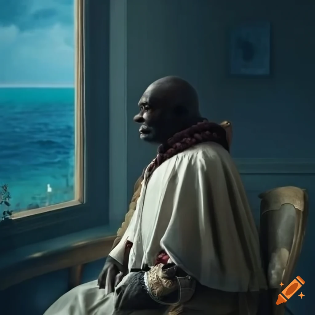 Dark skinned large portly man dressed in old fashioned noble robes ...