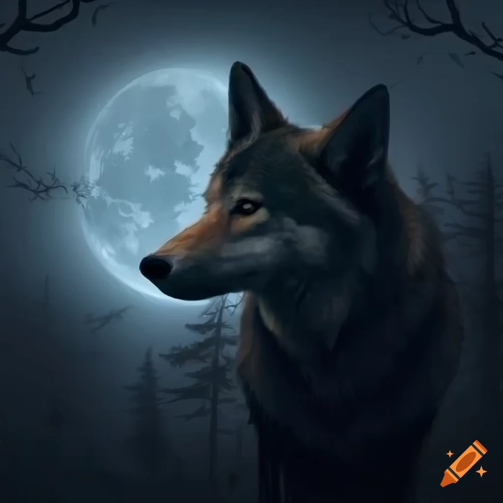 Spooky wolf in a dark forest with moon and fog and raven