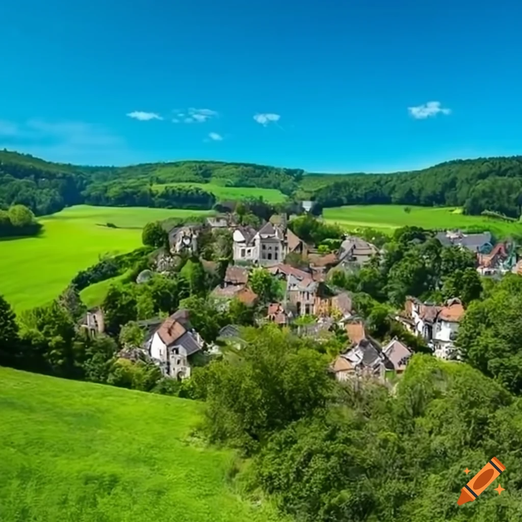 Idyllic town nestled in a picturesque green landscape on Craiyon