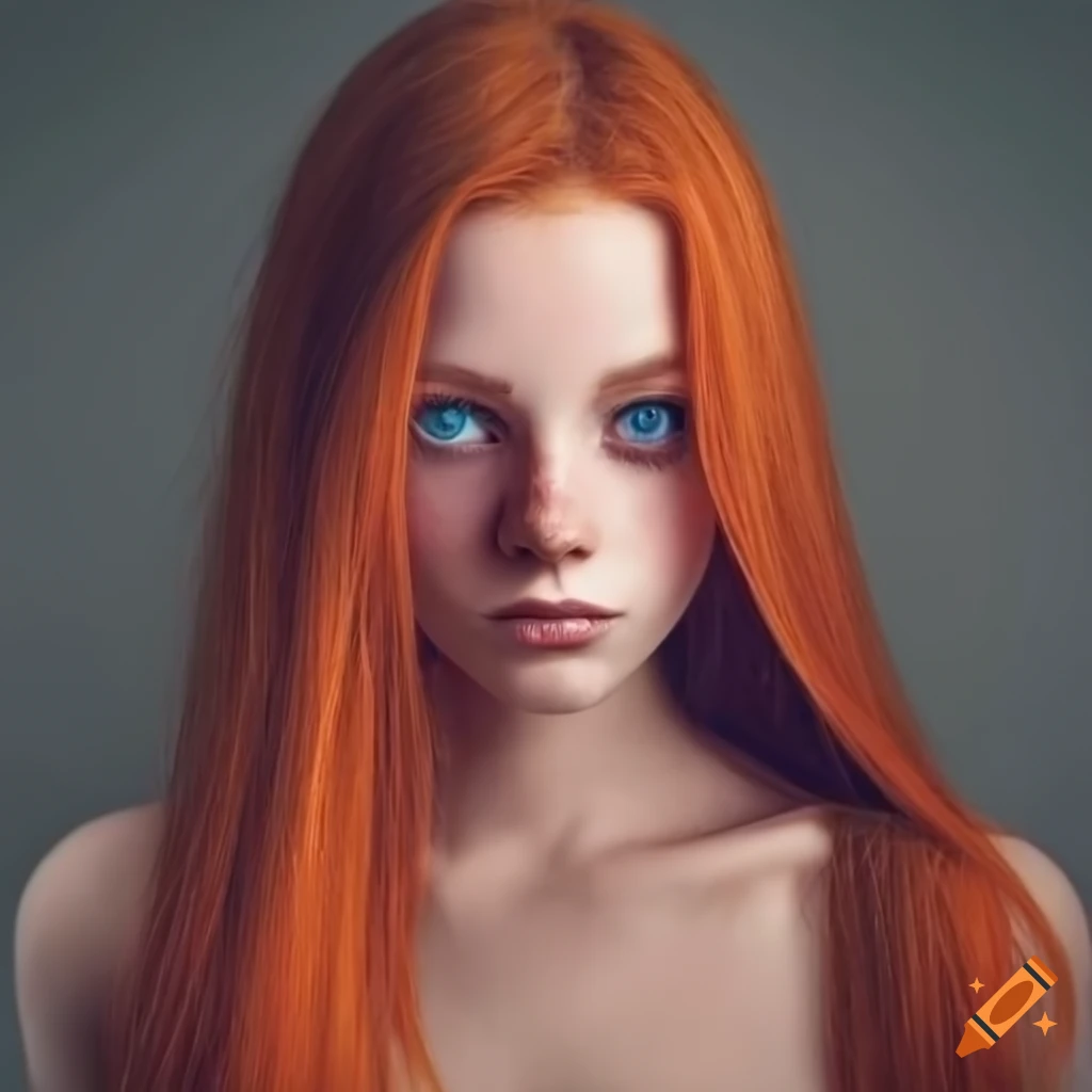 Beautiful adult girl with long straight red hair, freckles and blue ...
