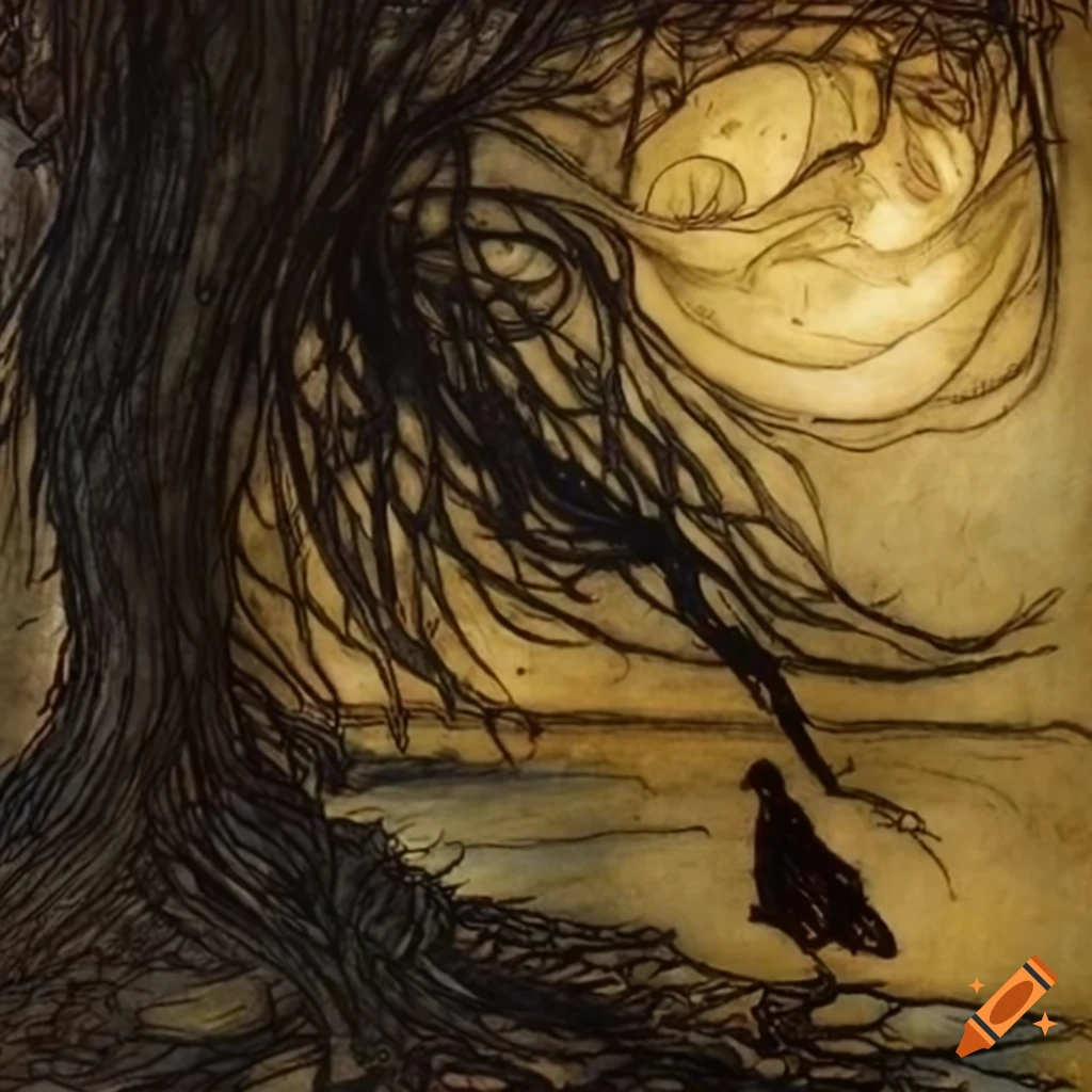 Combine an arthur rackham vibrant color painting of mysterious mystics ...