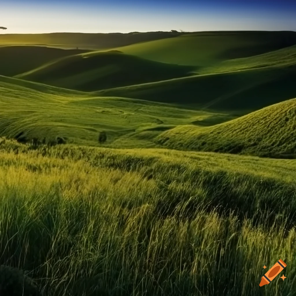 Hilly grass fields at dusk