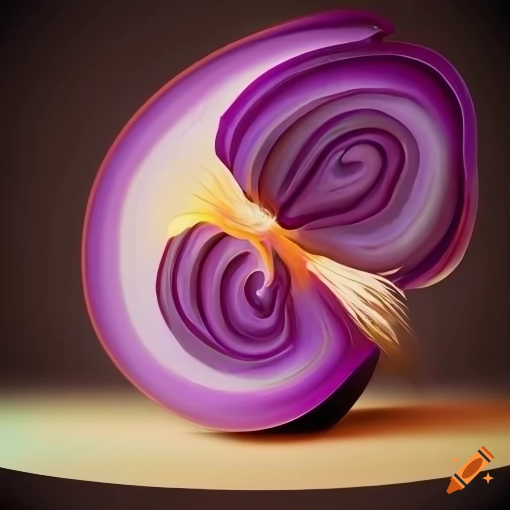 A hyper stylised onion cut in half, unfurling it's layers to reveal the ...