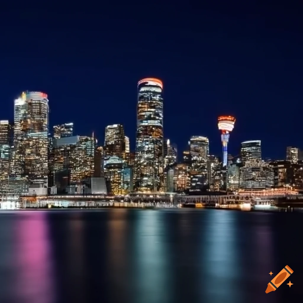 A city skyline that blends vancouver and tokyo. with led lights and screens