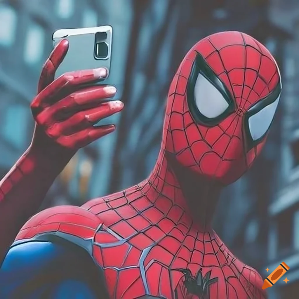 Spiderman character from marvel comics taking a selfie in the middle of ...