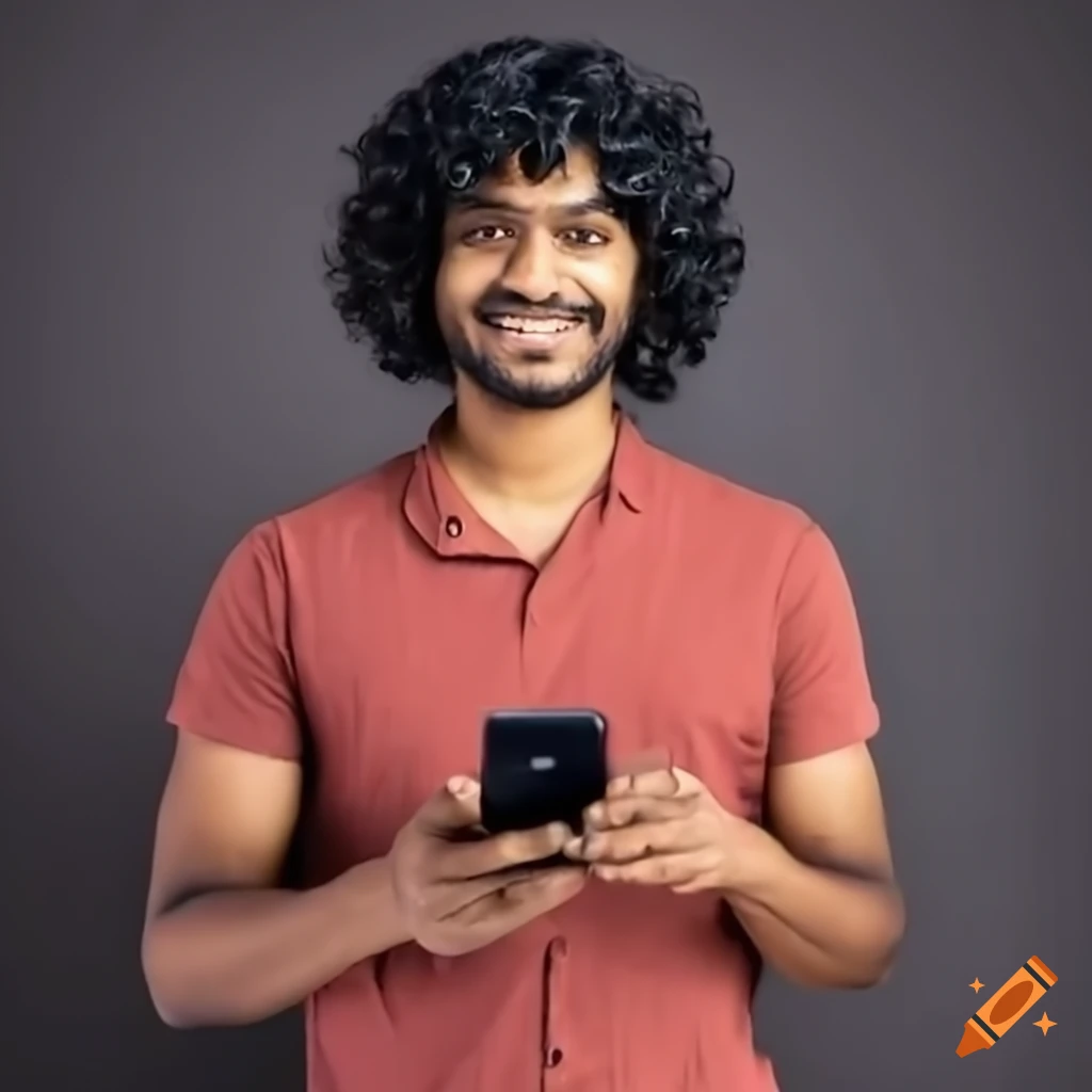 Smiling curly haired indian man holding phone and looking into camera