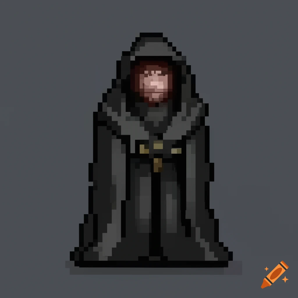 Dark character sprite in a hooded cloak, pixel art on Craiyon