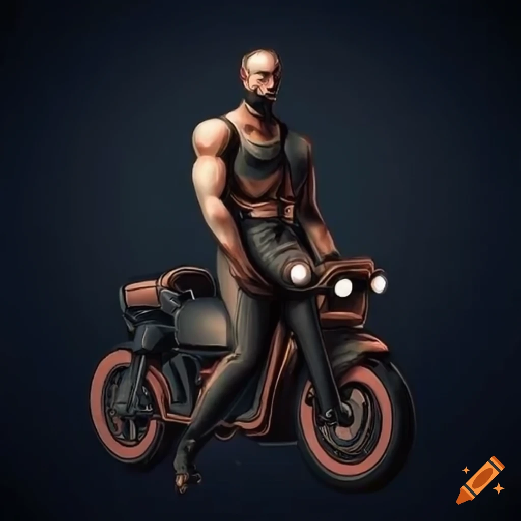 A motorcycle rider with a sword on his back on Craiyon