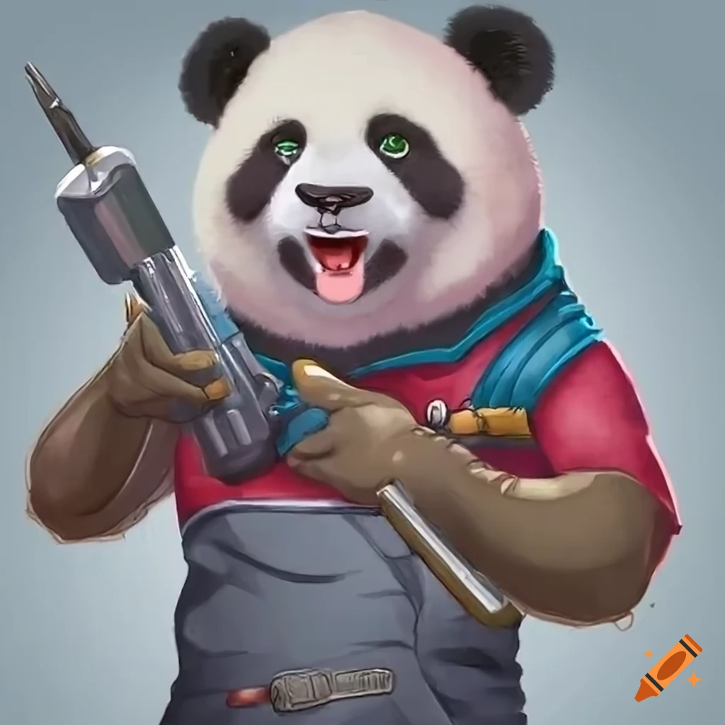 A panda holding a screwdriver and wearing a mechanic's outfit on Craiyon