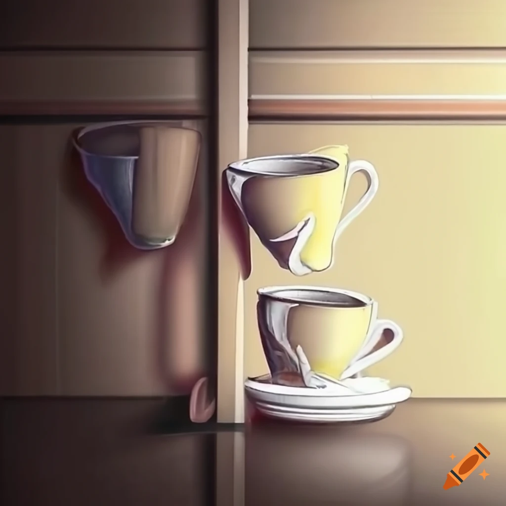 Two cups hanging in the kitchen, one broken on the floor on Craiyon