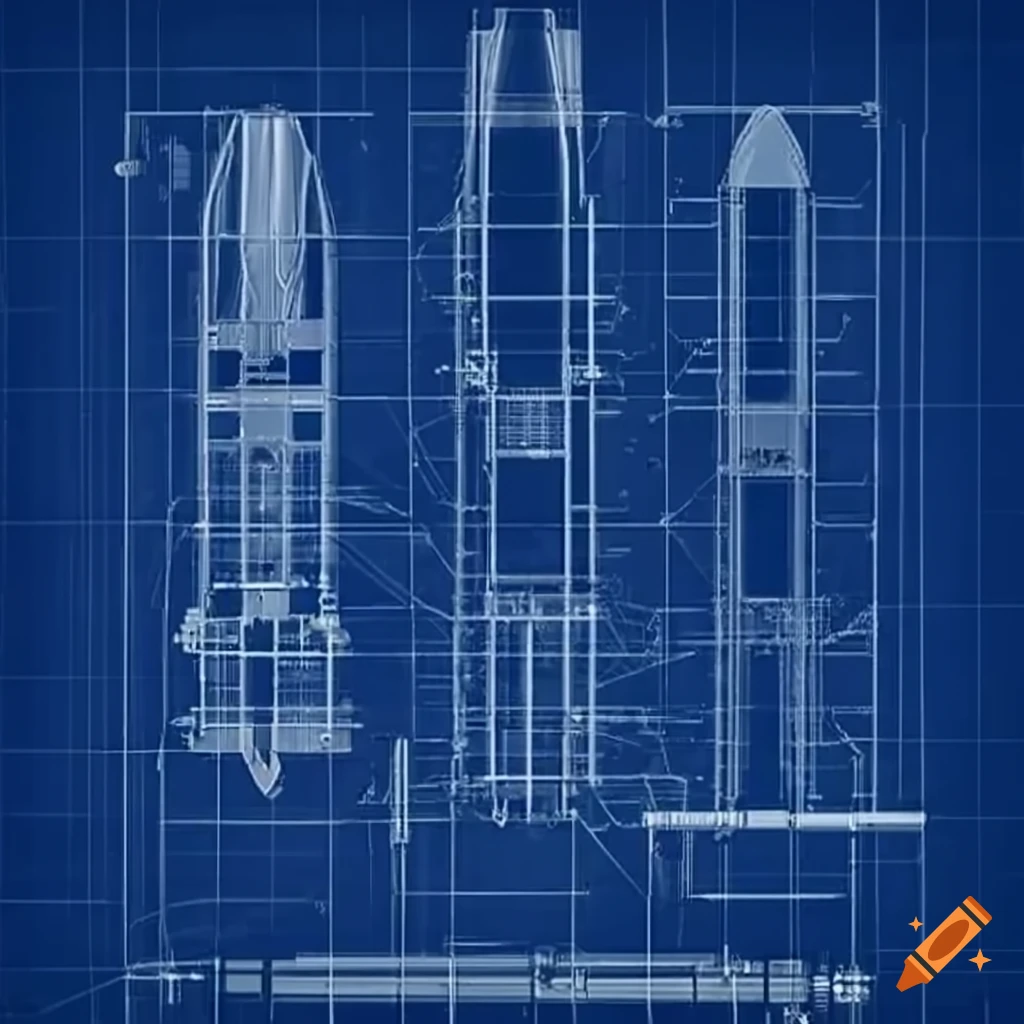 Detailed blueprint of a solid fuel propulsion system of a rocket