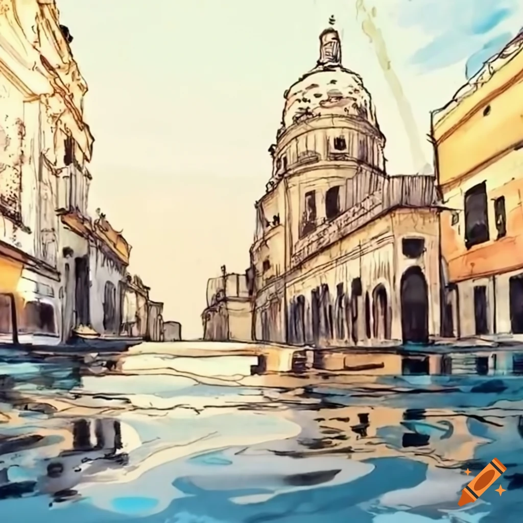Ink draw of havana flooded with water, black and white ink draw