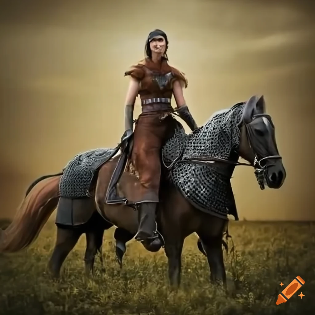 Medieval tall female engineer riding a horse in field of crops wearing ...