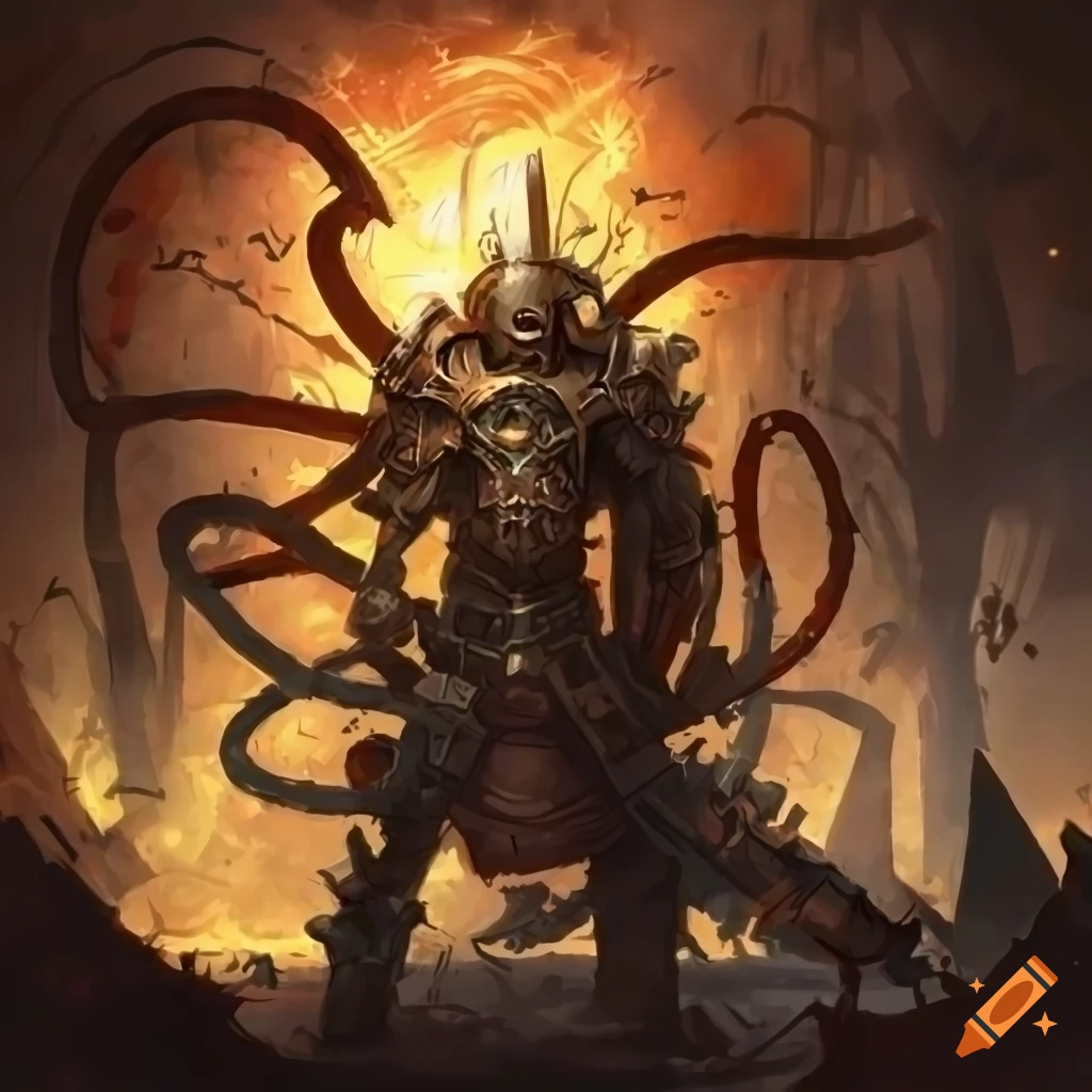 A mechanical warrior repairing amidst war's chaos, high fantasy art