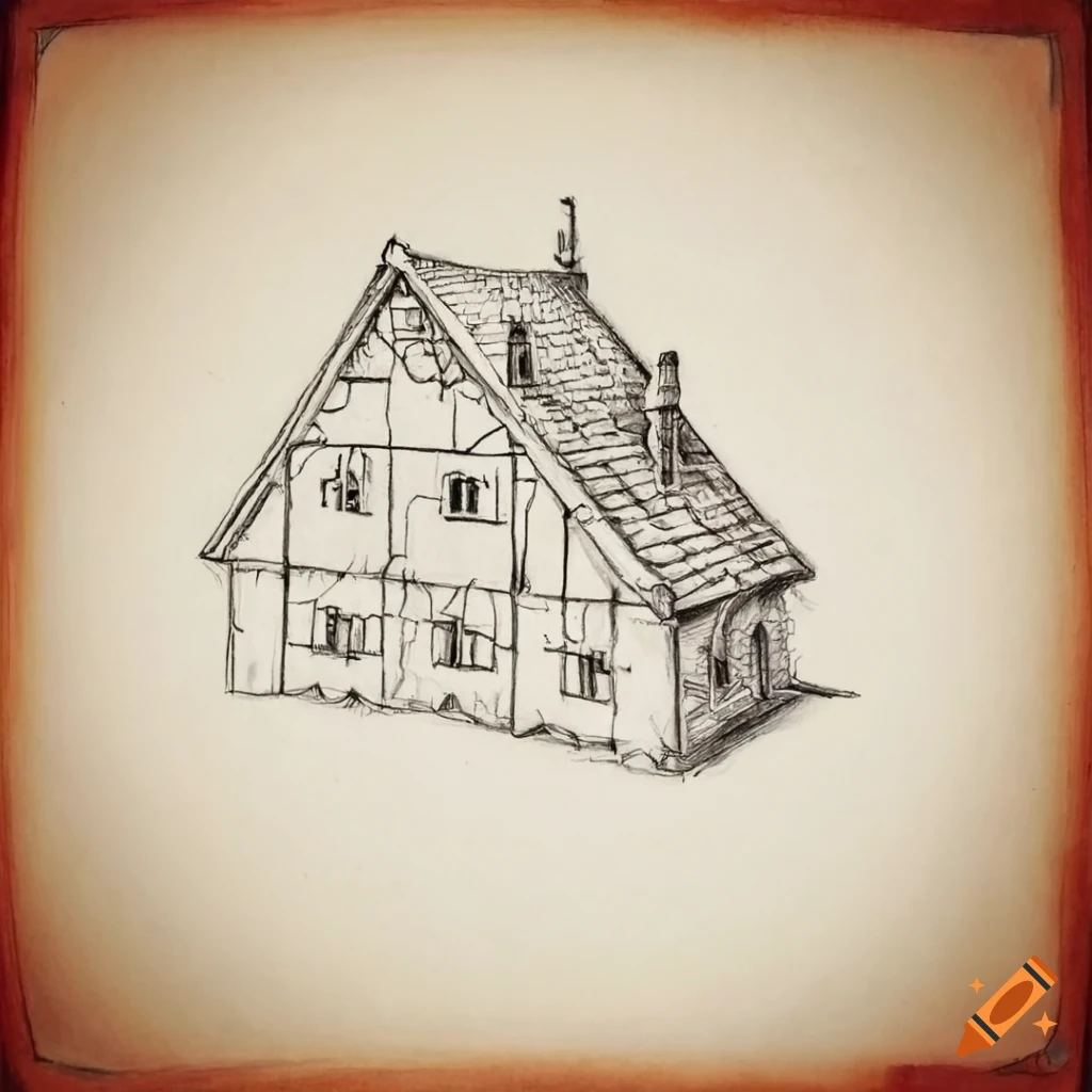Detailed pencil sketch of a medieval house from above on Craiyon