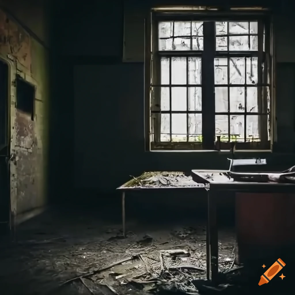 Old abandoned factory's security office room with a desk