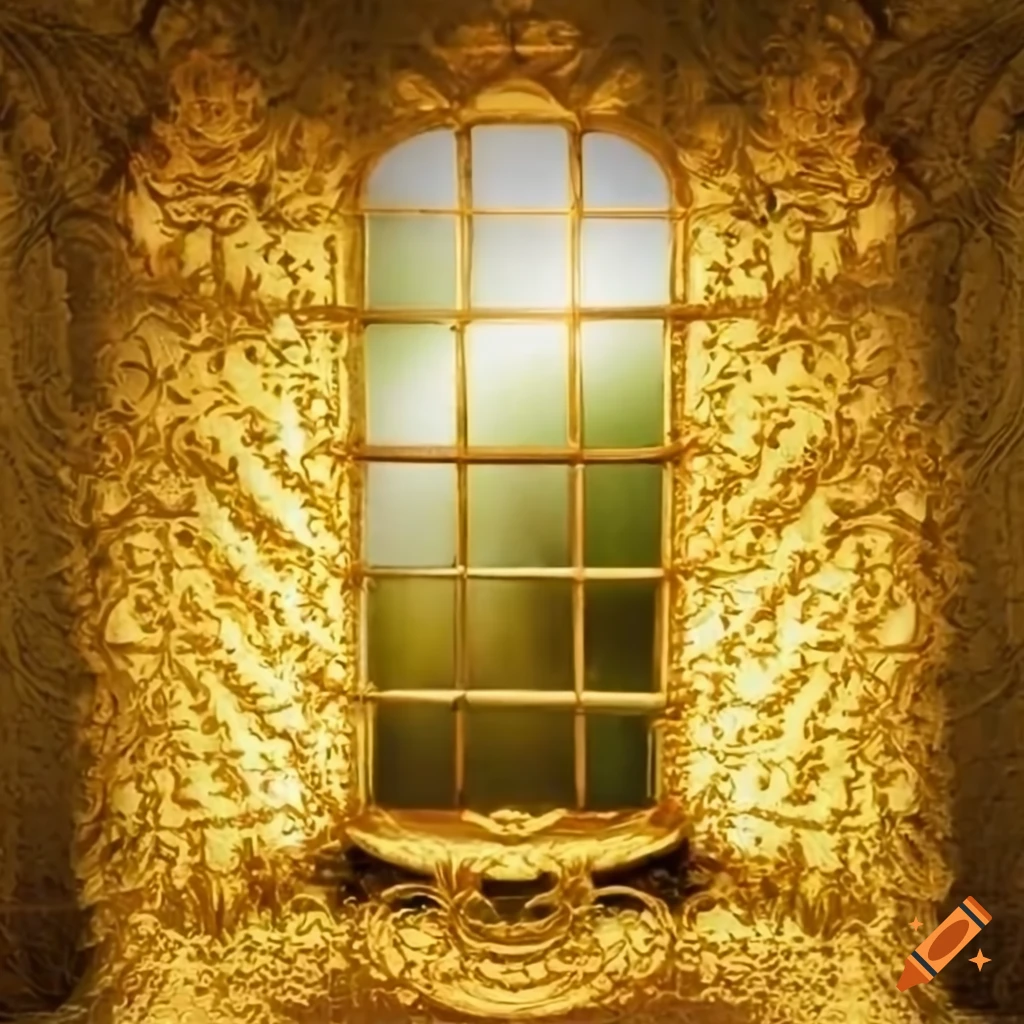 Gold vines around a rectangular window in a white castle on Craiyon
