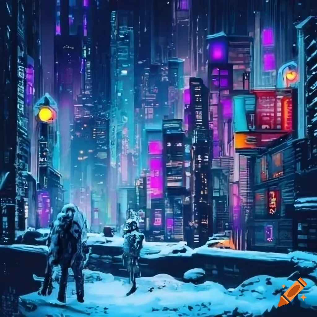 Cyberpunk cityscape with snow