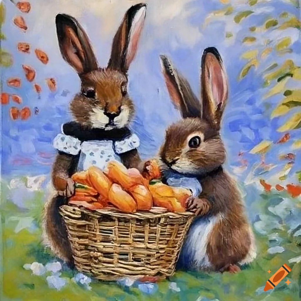 Classic painting of 2 brown rabbits with white spots wearing overalls ...