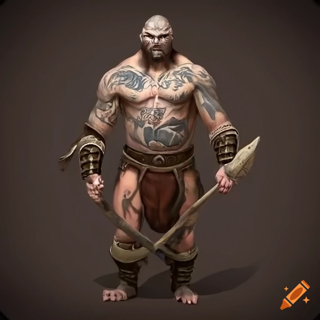 Goliath barbarian, threatening presence, tattooed, bald, holding ...