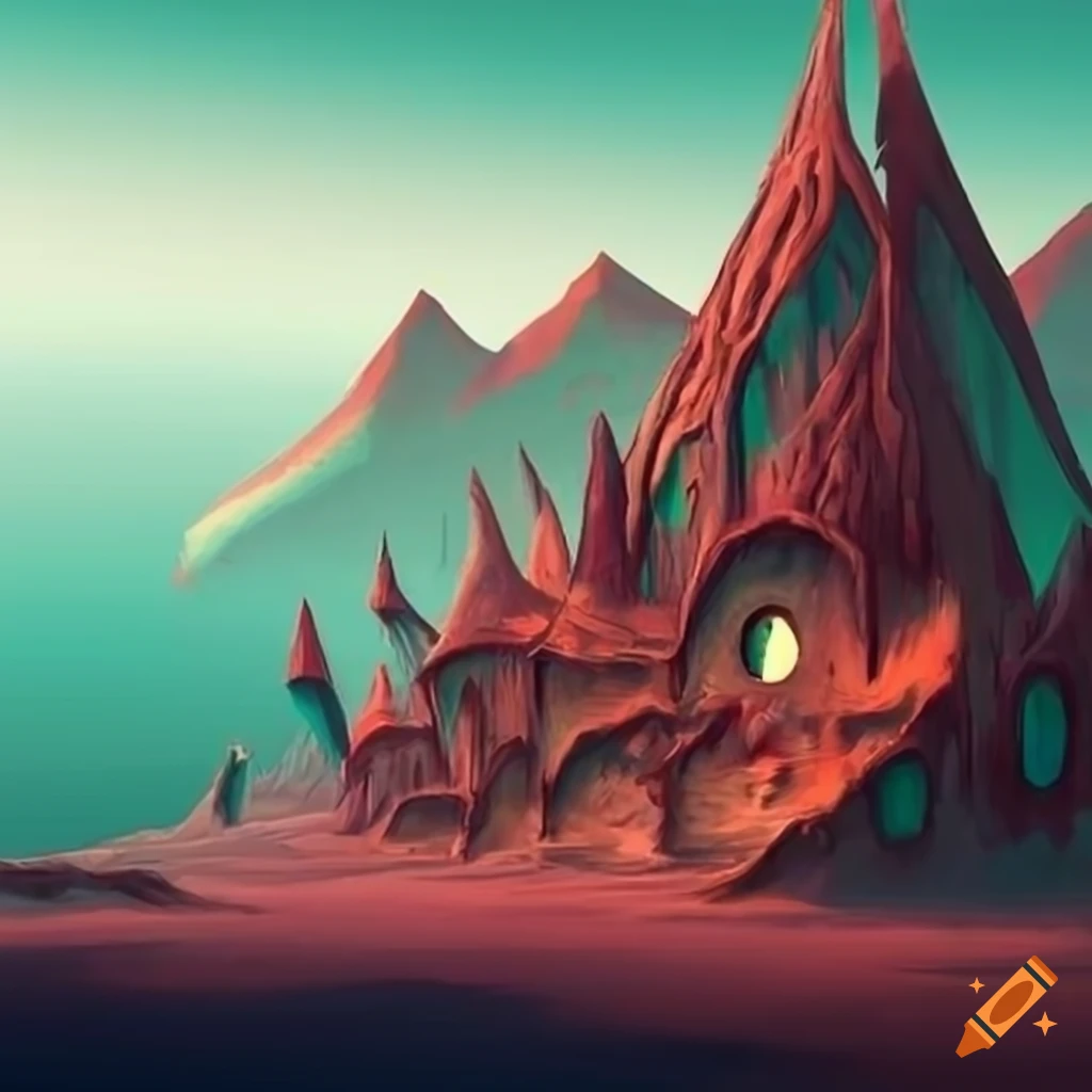 Create concept art of a a strange village located in a pale white ...