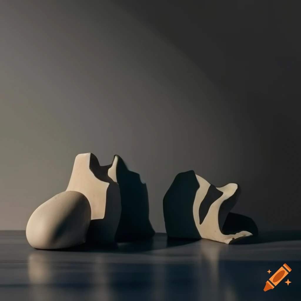 Irregular sculptural objects on table with shadows in dark room on Craiyon