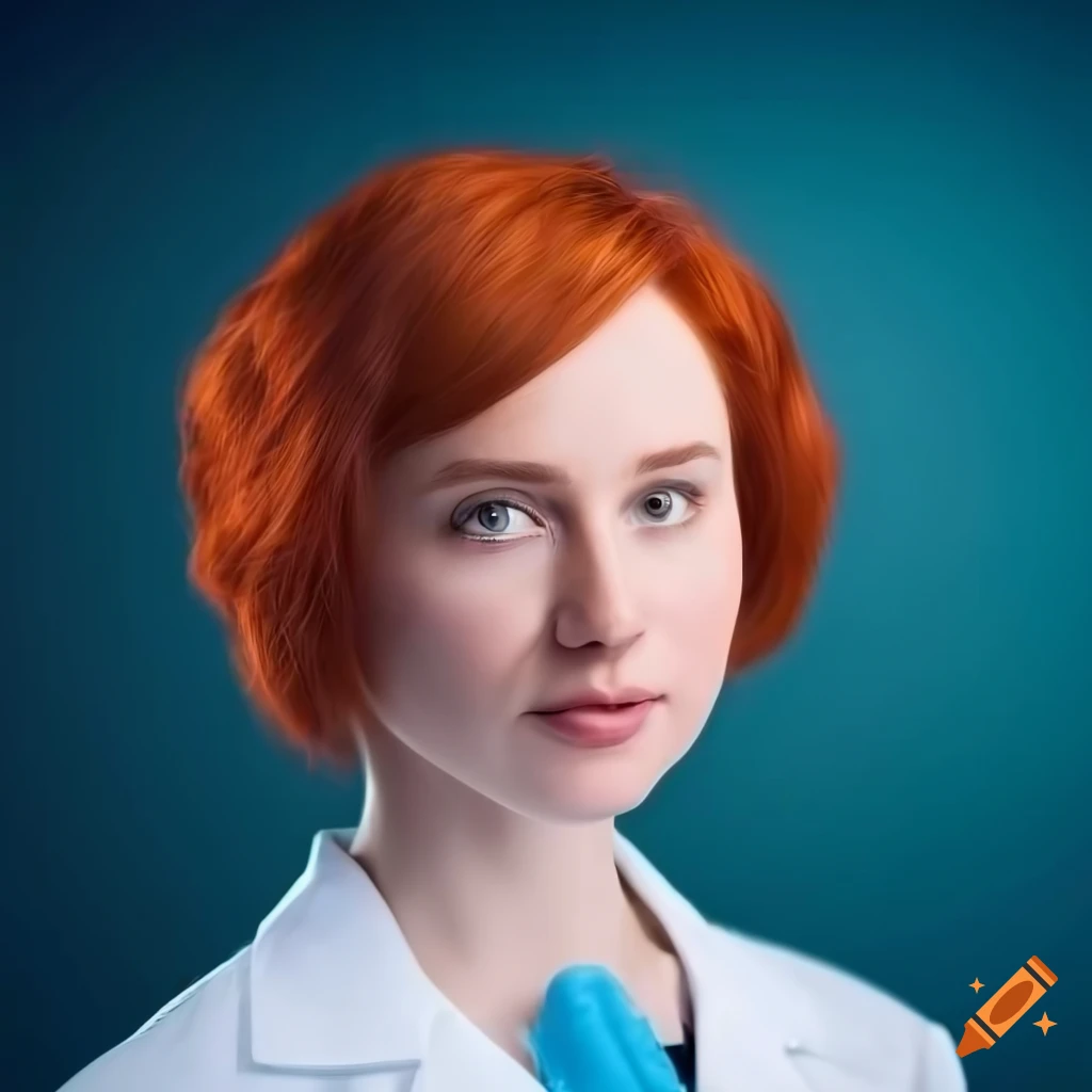 Photo Portrait Face Of An Intelligent Young Redhead Woman Scientist With Short Hair In A White