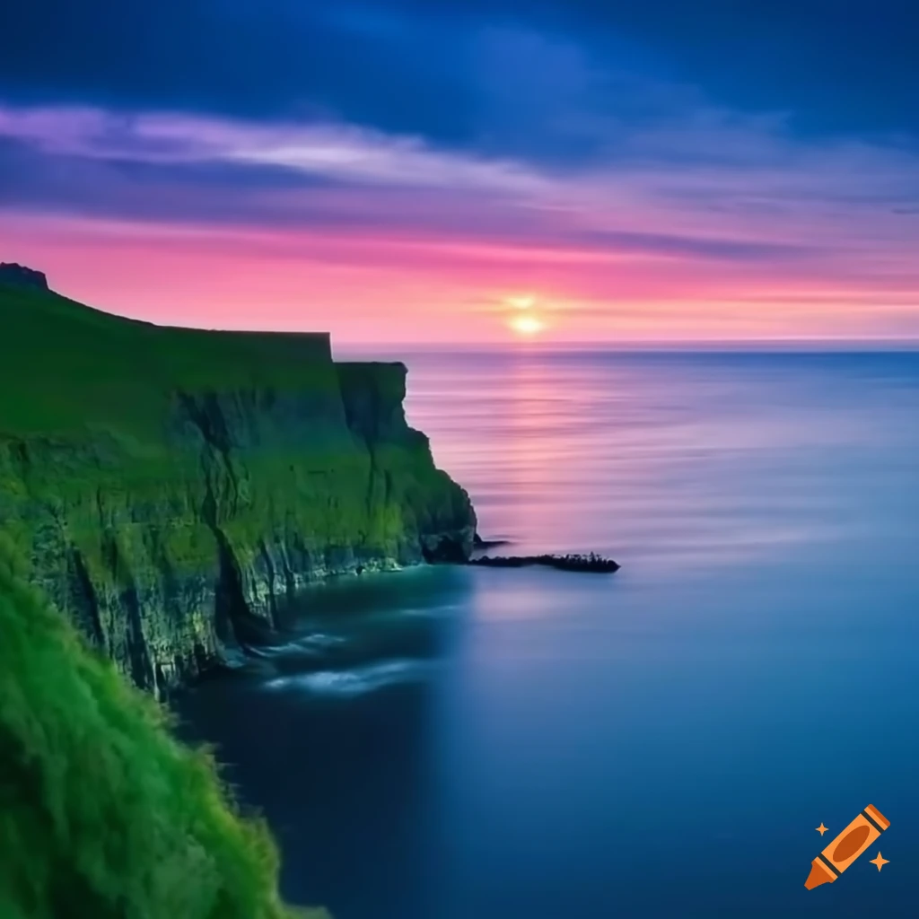 Green ireland cliffs skyline spectacular glowing sunset sky on Craiyon