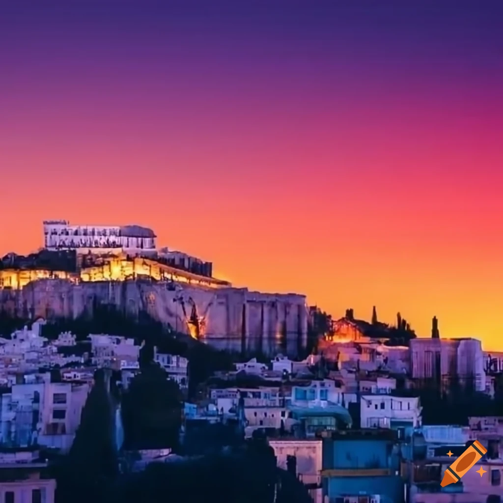 Athens skyline spectacular glowing sunset sky
