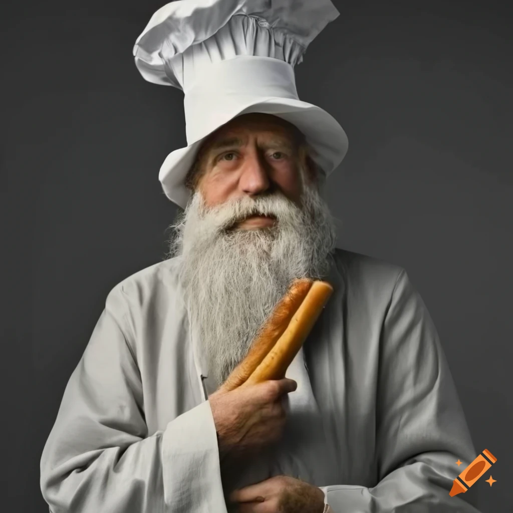 Portrait of a baker wizard wearing a chef wizard hat, middle aged man ...