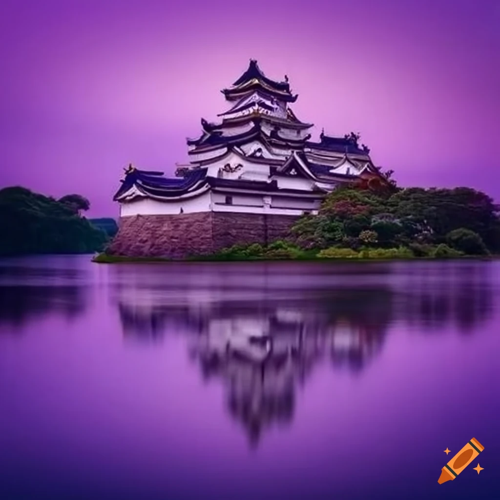 Japanese purple impressive castle with a lake surrounding it on Craiyon
