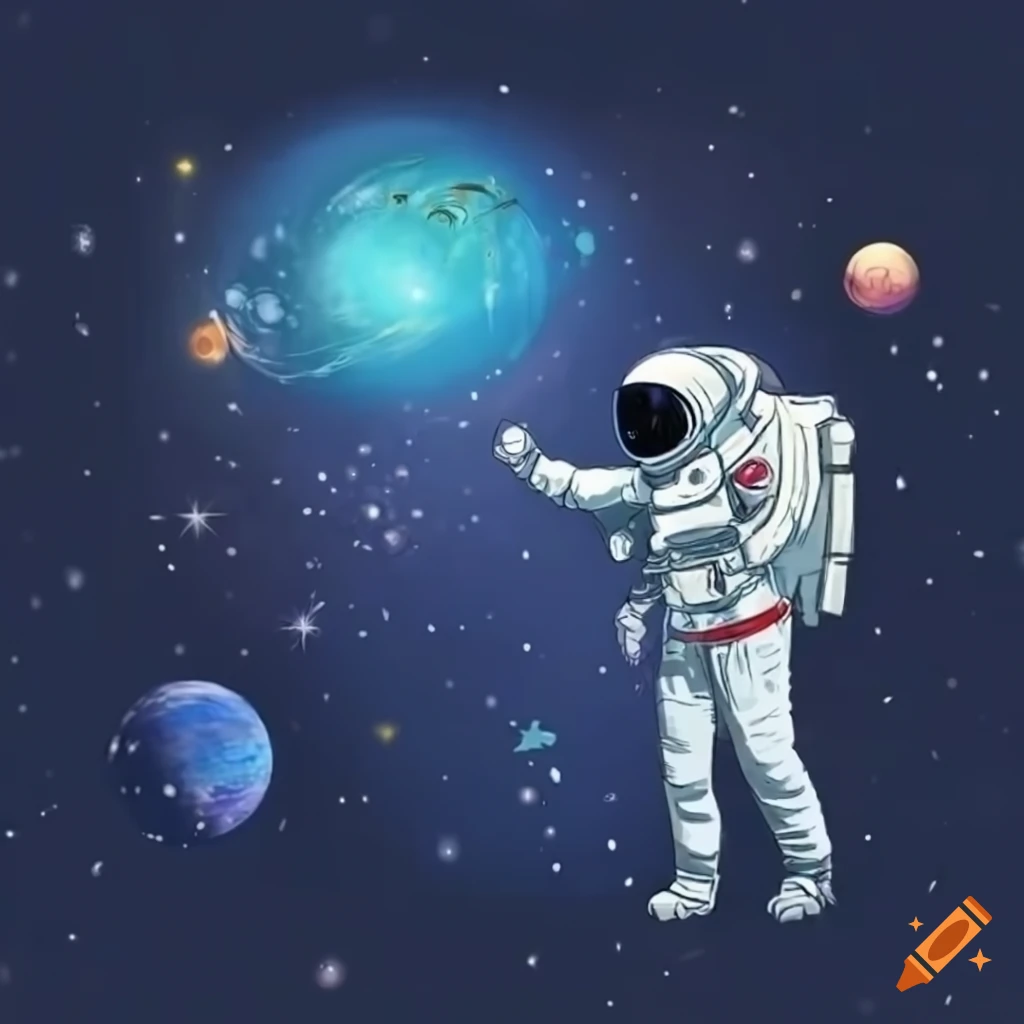 An anime character of astronaut playing with stars planets and other ...