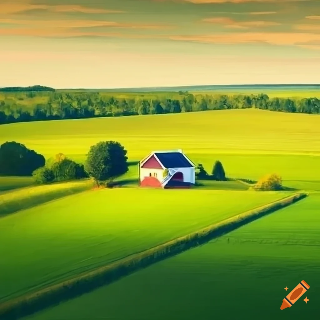 A peaceful countryside landscape with a farm, a farmhouse, and lush ...