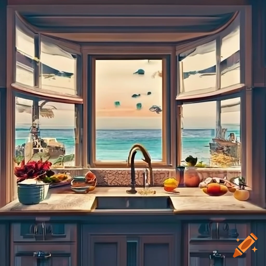 Kitchen overlooking ocean bay window