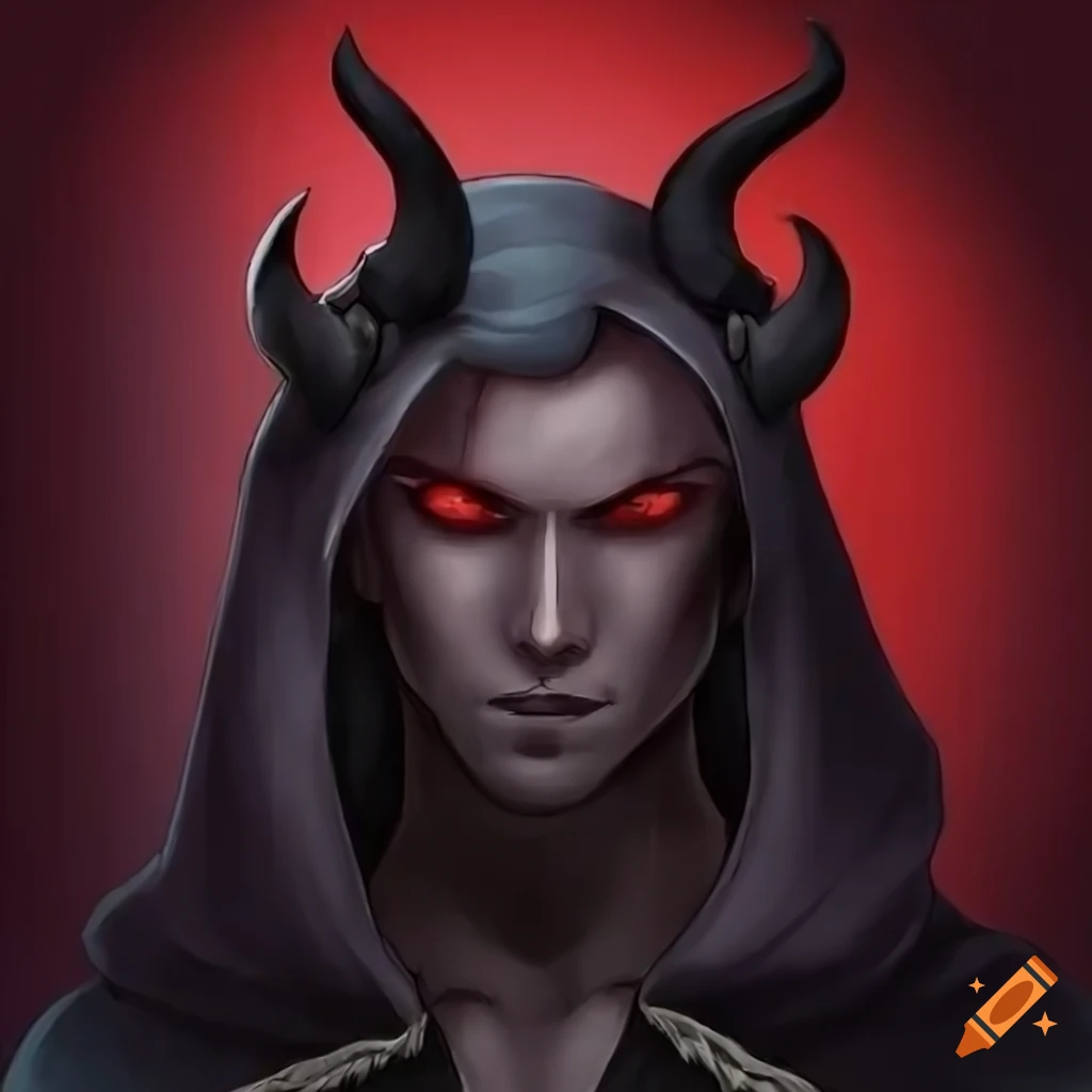 A male demon with pale skin, pointed ears, shoulder-length black hair ...