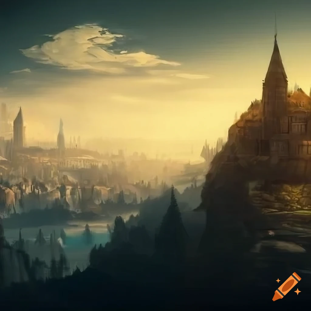 Fantasy landscape daytime, light, swiss inspired, a city in the distance