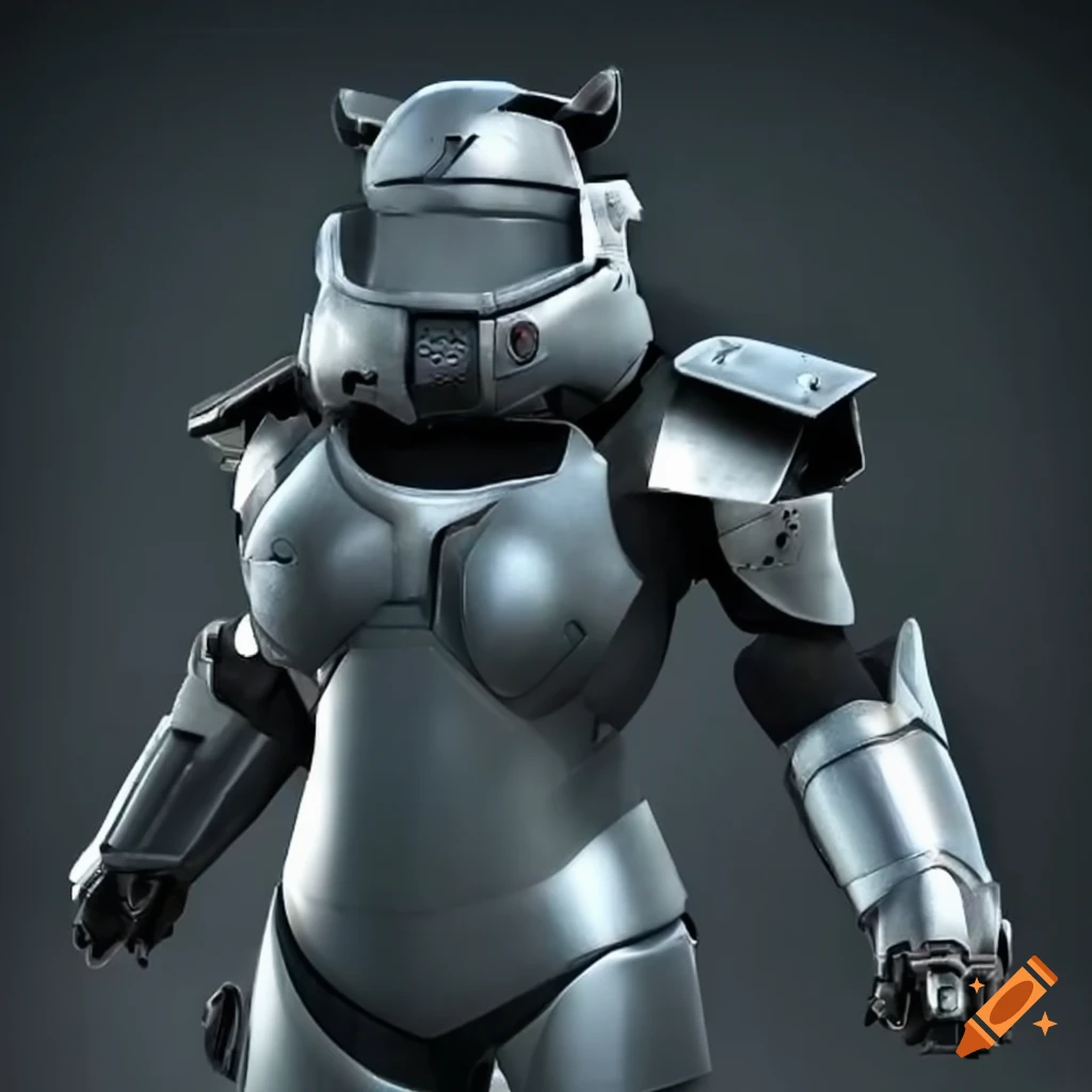 Female power armour, heavy and sleek with full face helmet on Craiyon