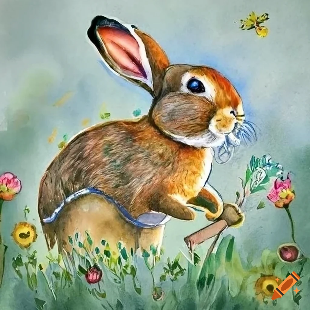 A cottage-core aesthetic bunny rabbit watering the garden art print ...