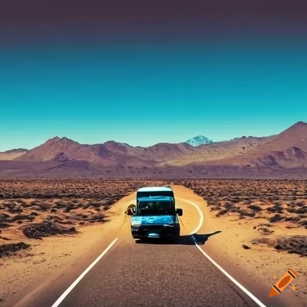 Van, on road, driving through desert mountains, caves in background