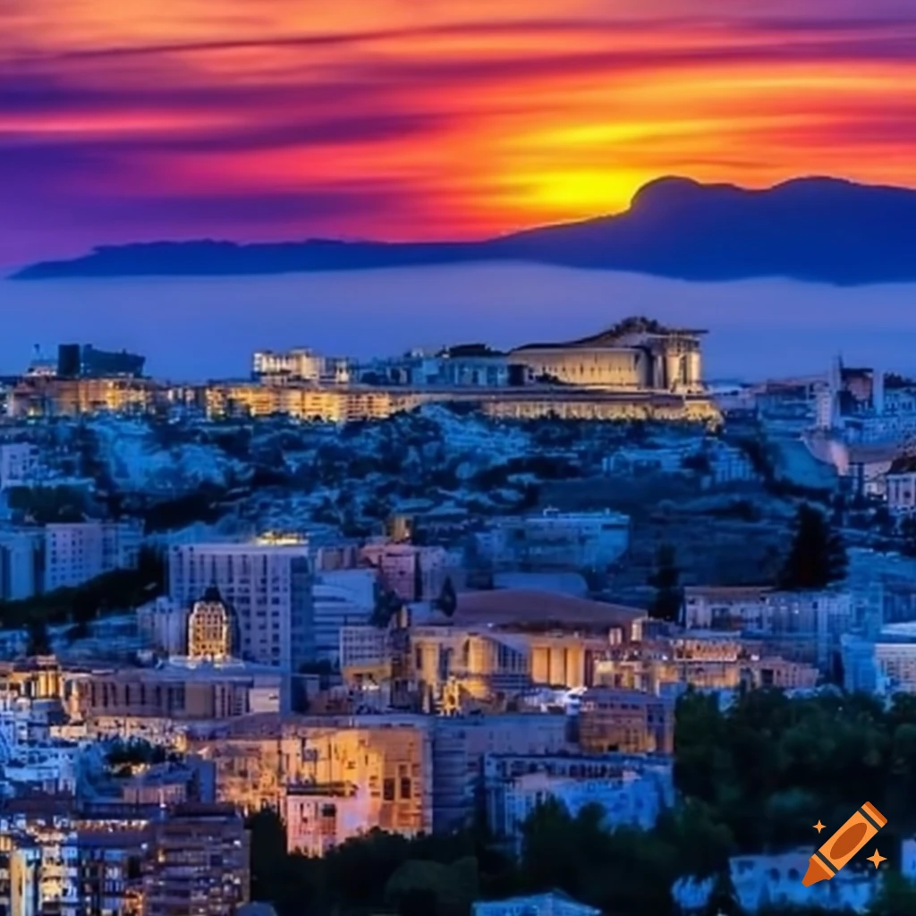 Athens skyline glowing sky sunset
