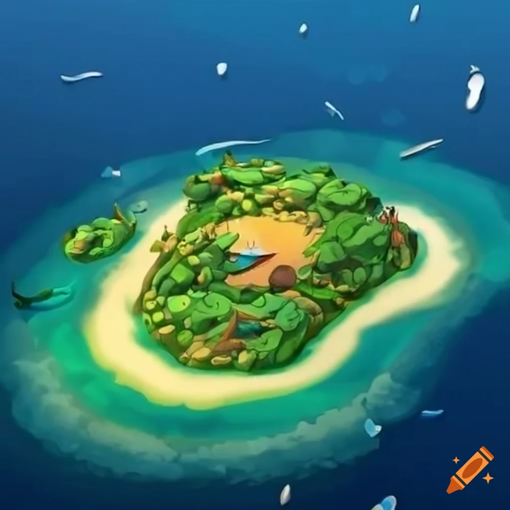 Cartoon island in bird's eye view
