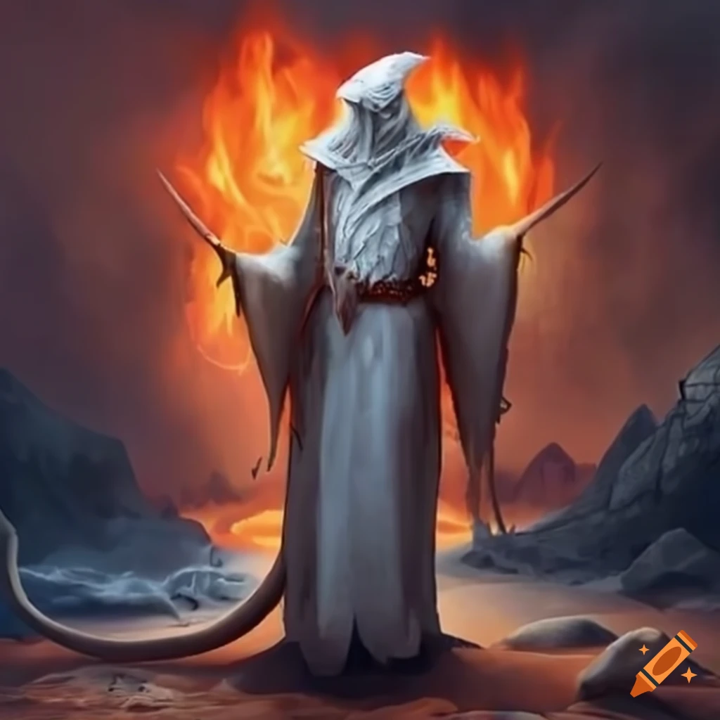 A white lizardman wizard standing tall in a fiery desert