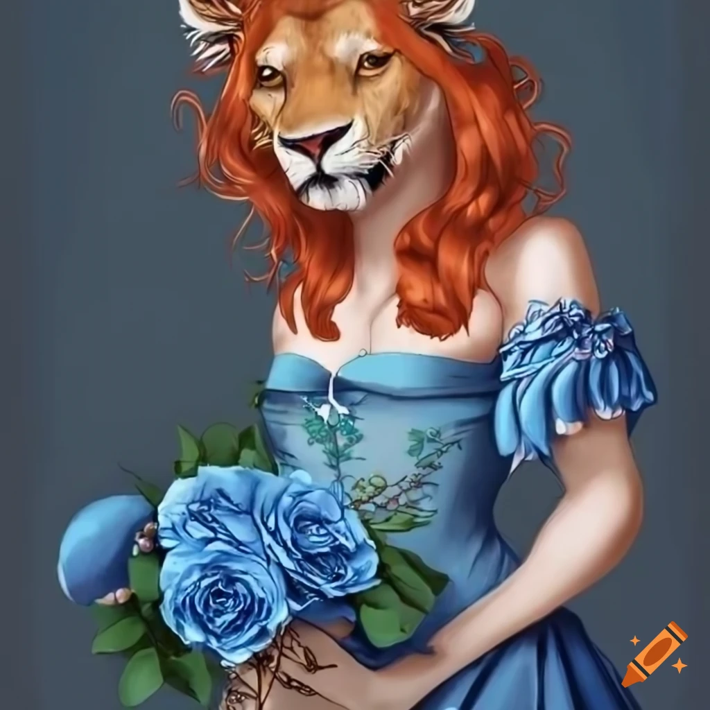 An anthropomorphic lioness with long wavy red hair, dressed in an ...